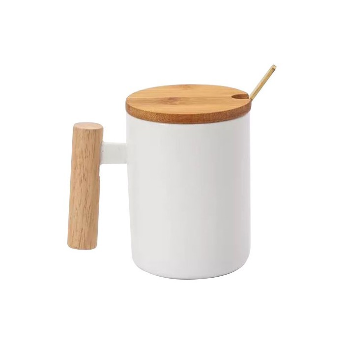 Woody Κεραμική Κούπα Με Ξύλινο Καπάκι, Ξύλινη Λαβή Και Κουτάλι 350ml ...