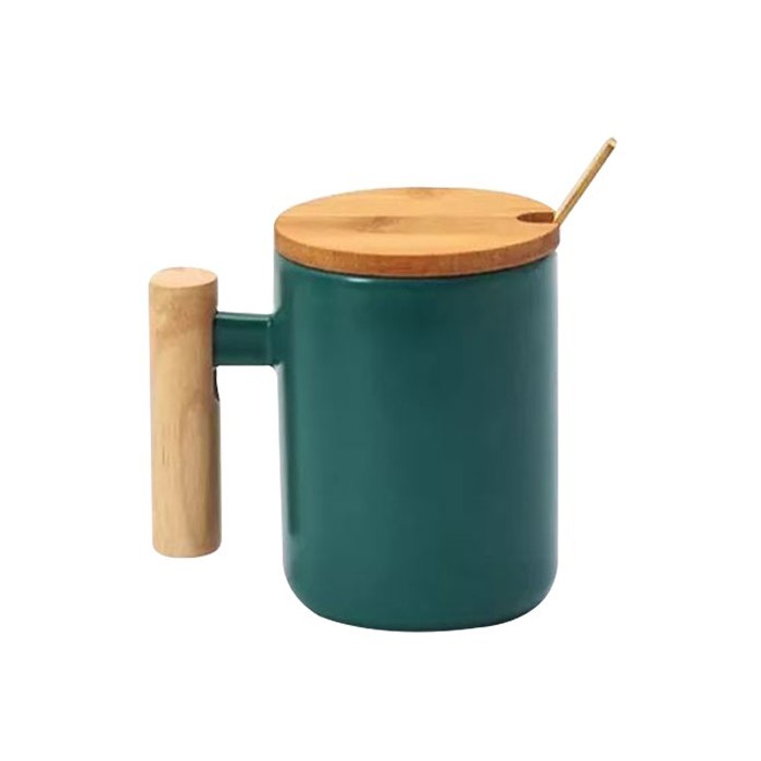 Woody Κεραμική Κούπα Με Ξύλινο Καπάκι, Ξύλινη Λαβή Και Κουτάλι 350ml ...